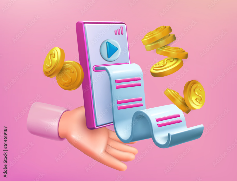 3D invoice. Money payment. Bank bill in phone. Online receipt in ...