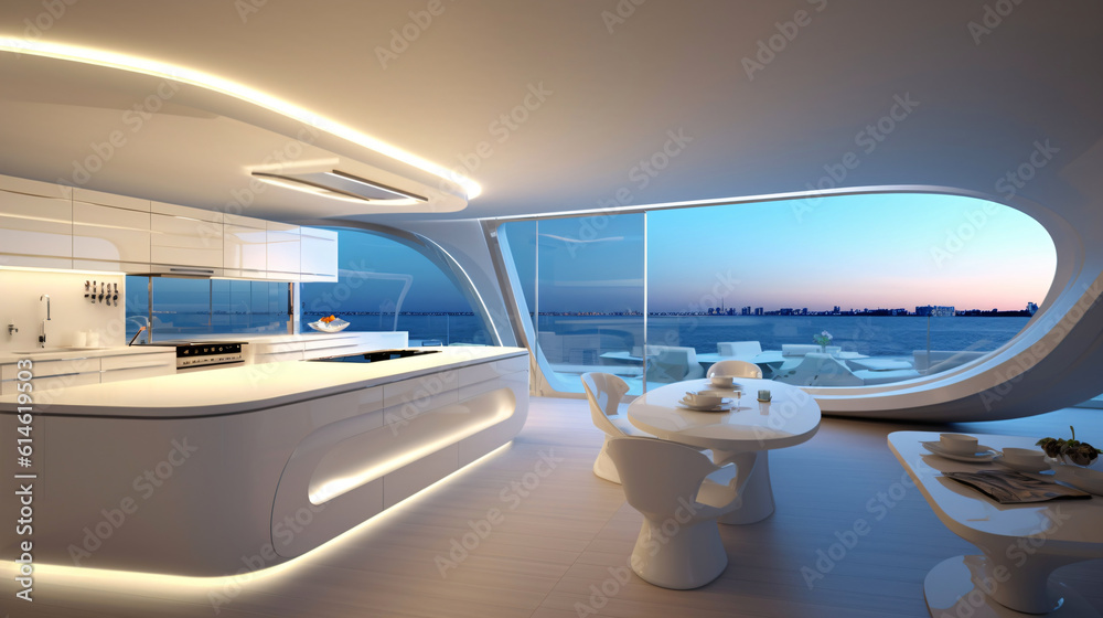 modern organic interior design, futuristic luxury kitchen with ocean ...