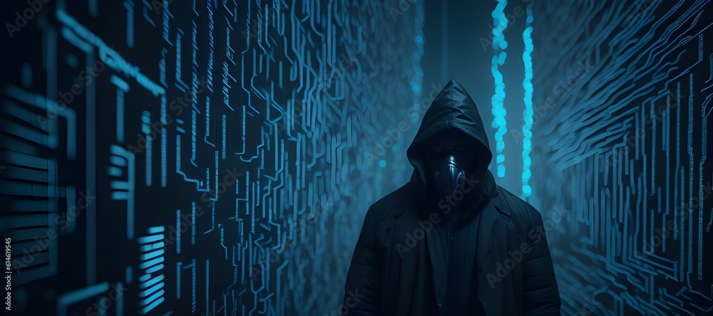Male hoodie hacker wearing mystery mask, cyber attack or internet security concepts. young ...