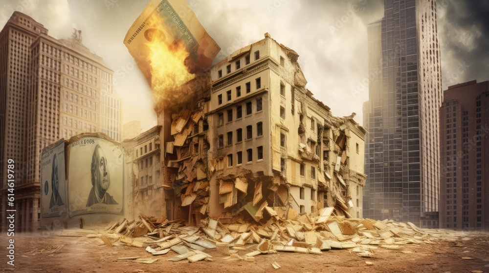 A bank building with bank notes collapsing down. Economic, banking, and ...