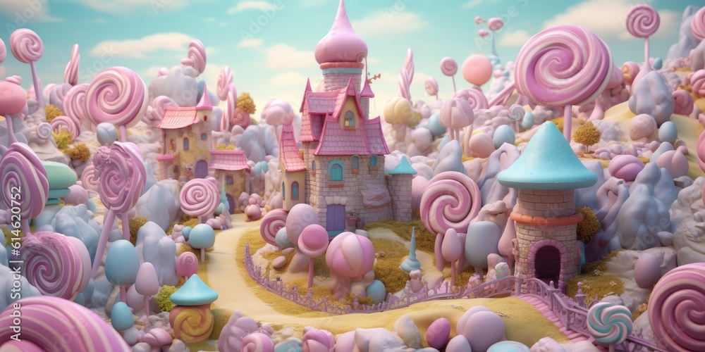 Colorful candyland in pastels. Candy castle with ice cream and lollipop ...