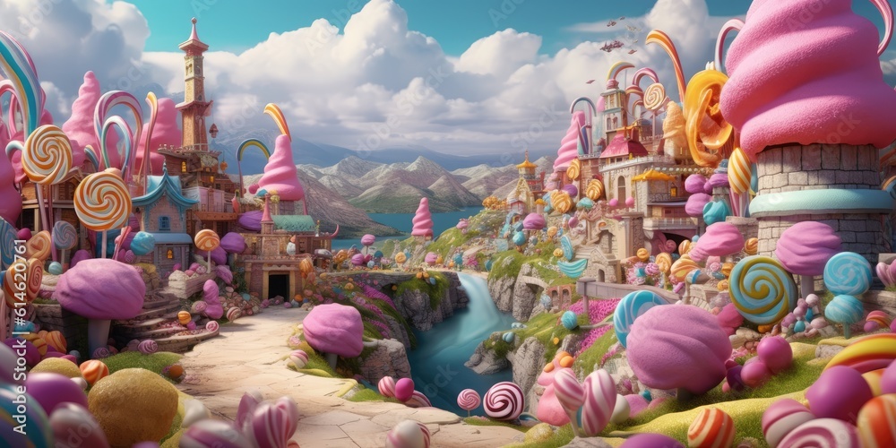Colorful candyland in pastels. Candy castle with ice cream and lollipop ...