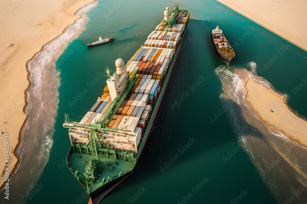 Container cargo ship accident crash sandy canal. Concept Global problem ...