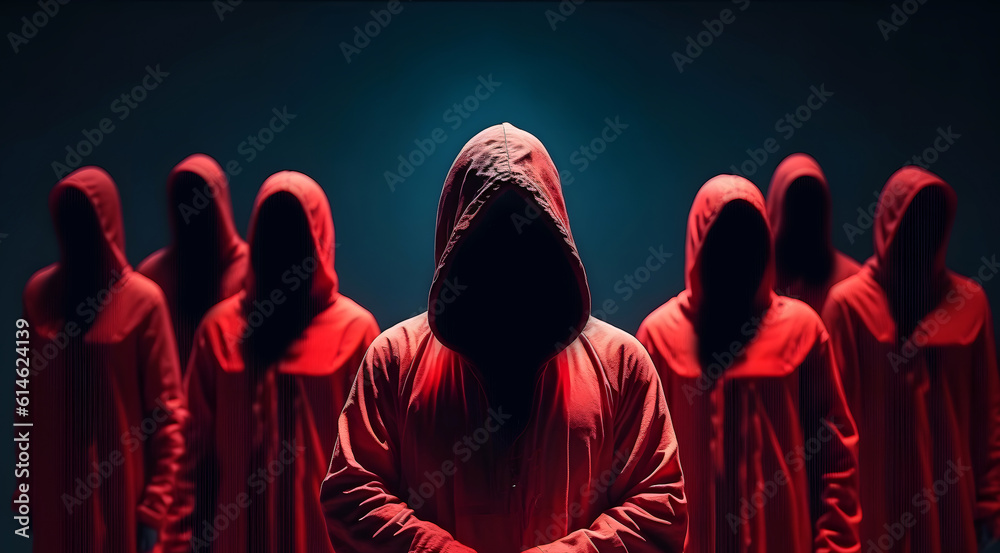 People cultists in hooded red dark background. Concept banner devil ...