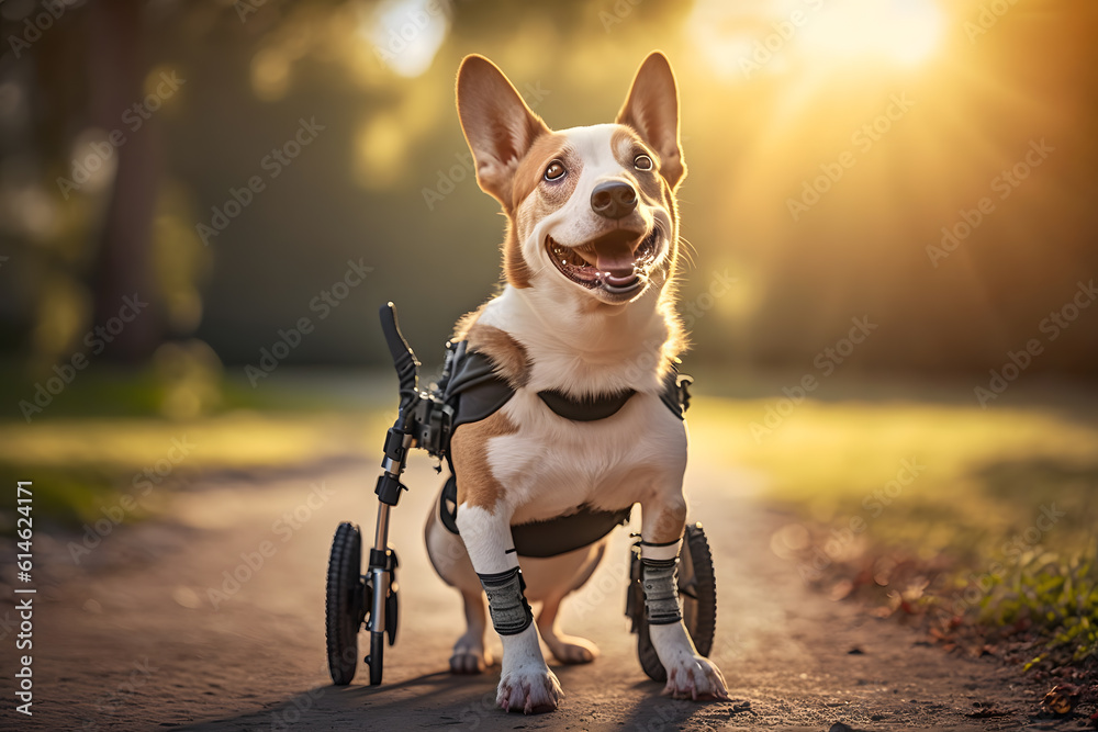 Handicapped dog in wheelchair at park, pet disabled walk in summer day ...