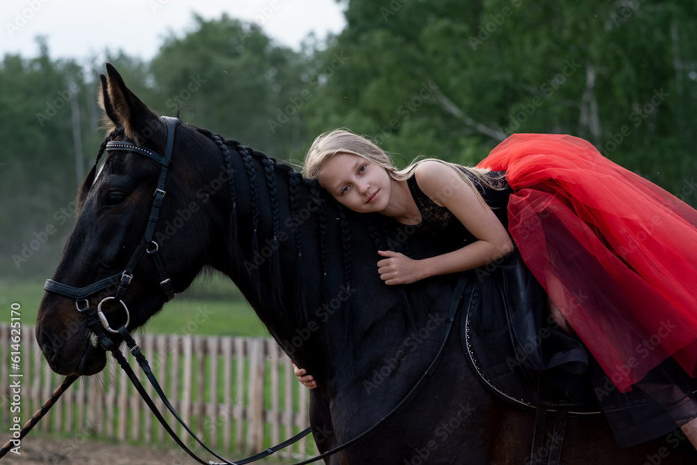 Cute girl with long hair riding a horse outdoors, a beautiful frame ...