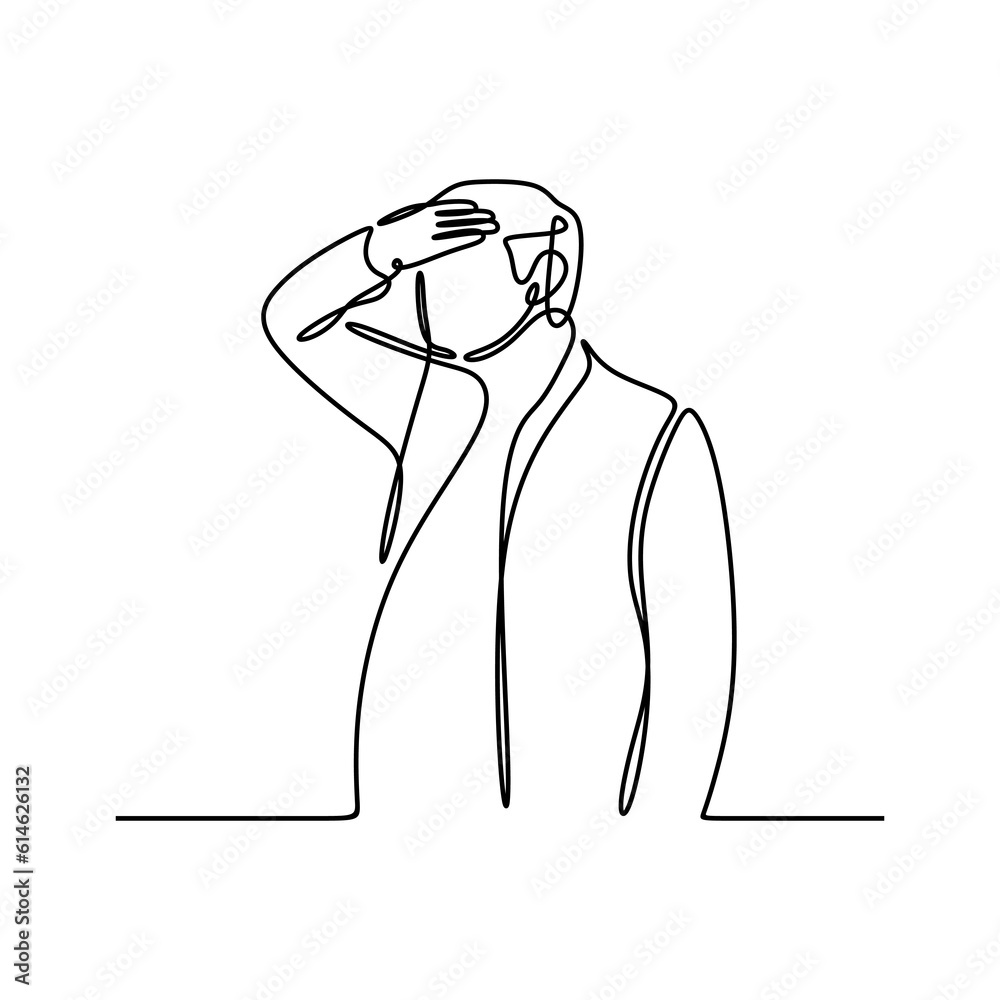 continuous line drawing of worried young man holding his forehead ...