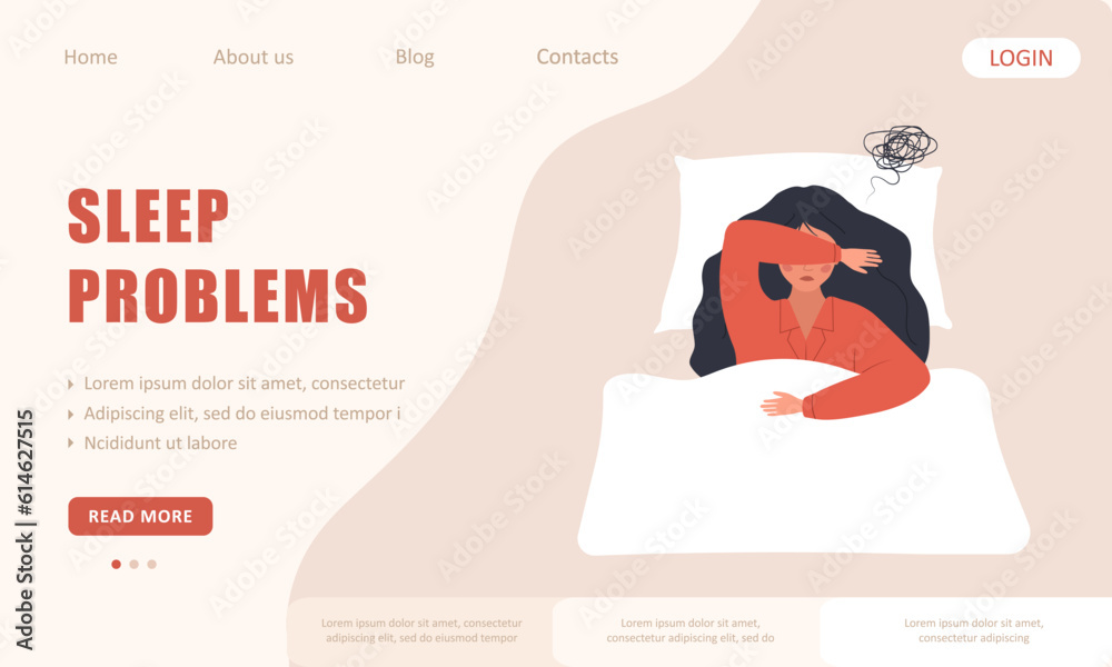 Sleep problems landing page template. Tired woman lying in bed and ...