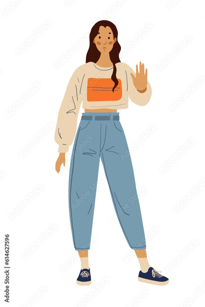 A student girl shows a stop sign with her hand, a symbol of denial ...