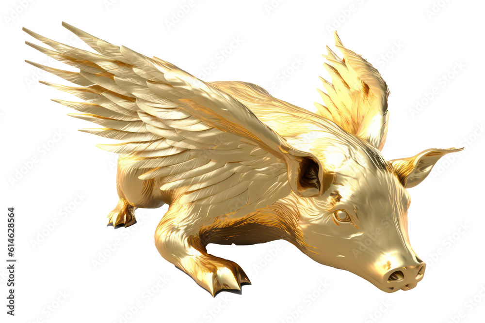 Golden flying pig in 3d art style isolated on transparent background ...