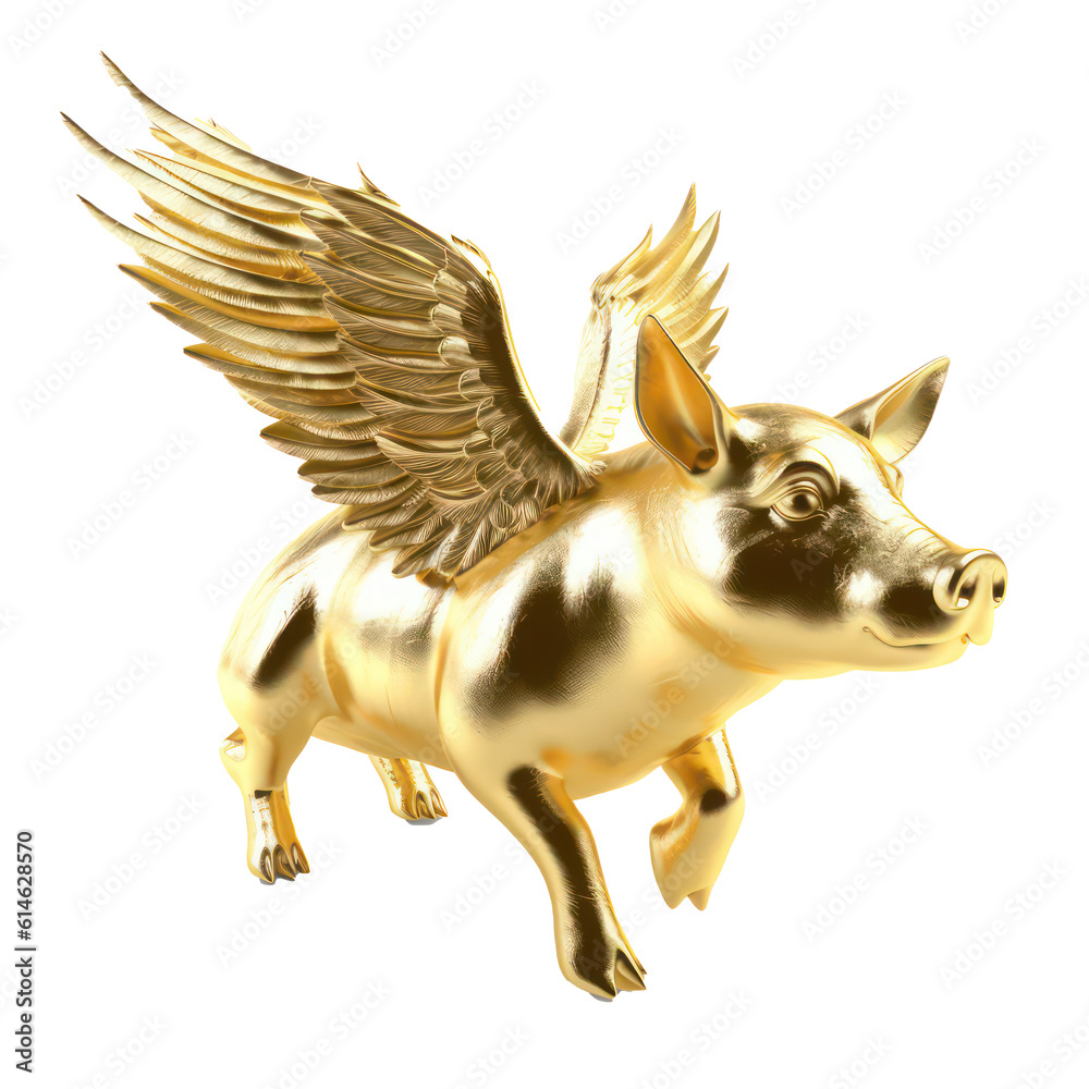 Golden flying pig in 3d art style isolated on transparent background ...