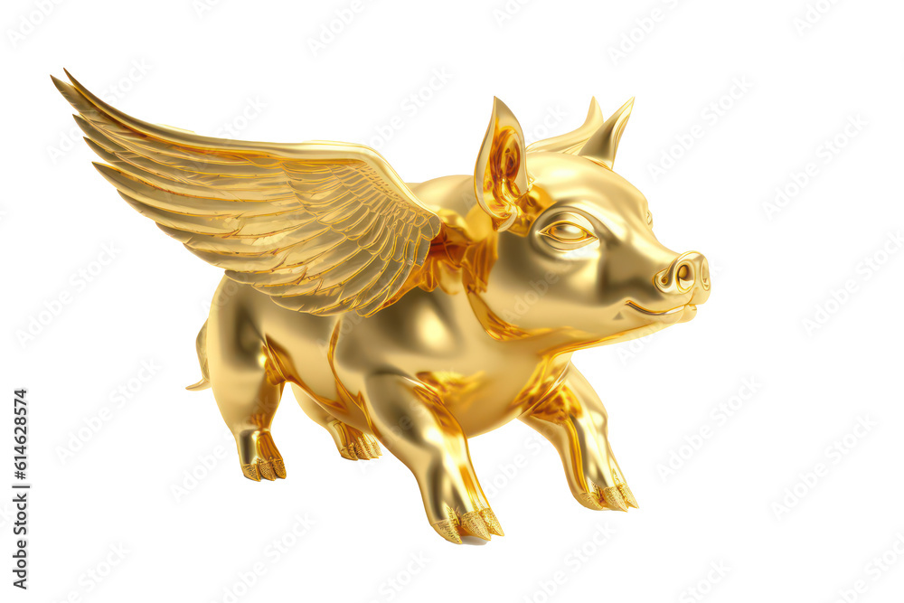 Golden flying pig in 3d art style isolated on transparent background ...