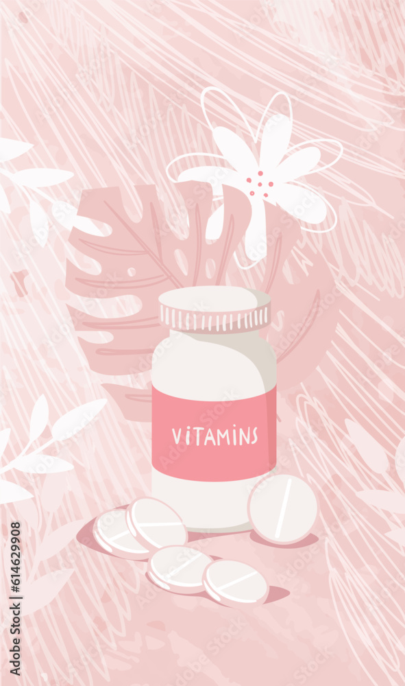 Tablets of vitamins and supplements, a jar with several tablets on a ...