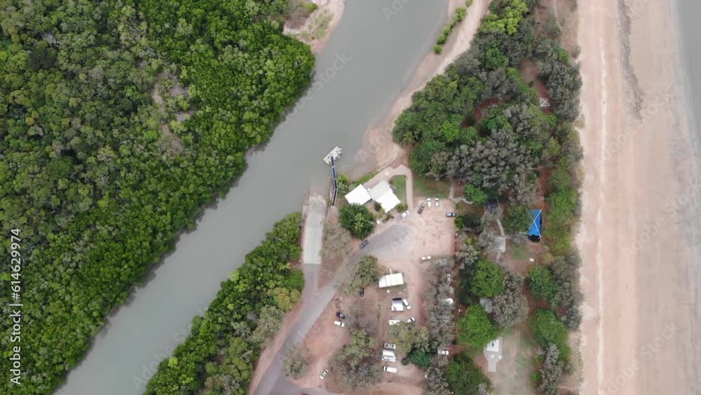drone aerial panorama of Balgal Beach - little town with pristine ...