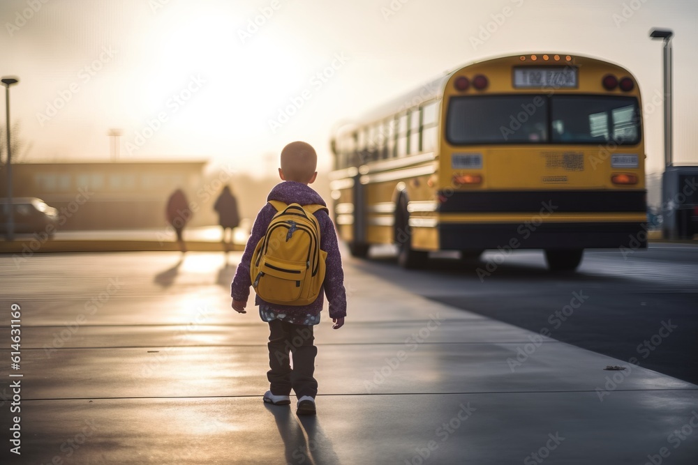 A young child is ready to board a school bus and go to elementary ...