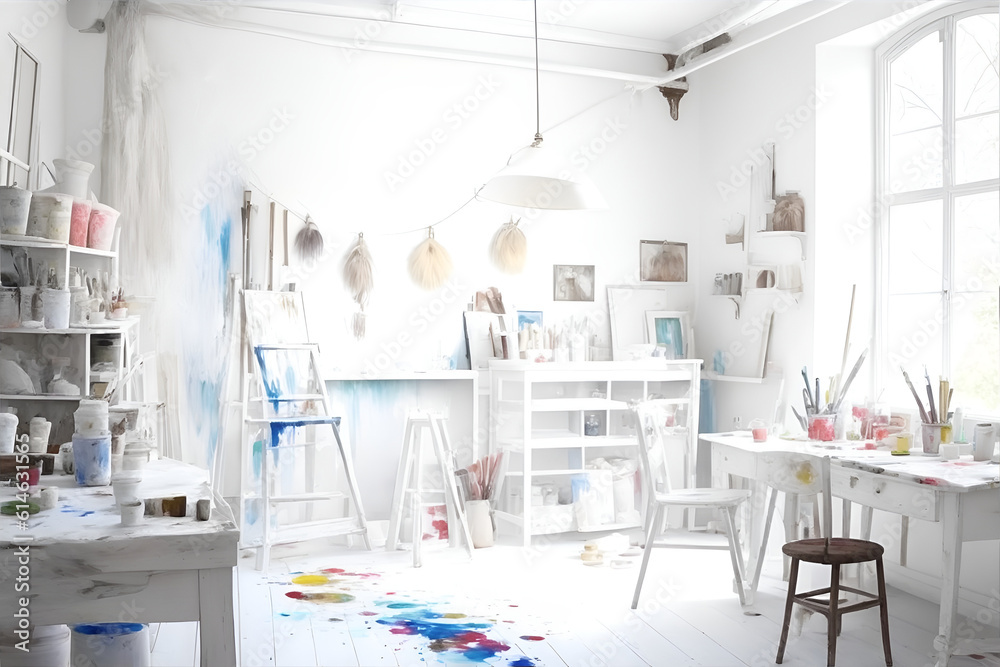 White atelier. A painter or artist atelier, craft room, with white ...