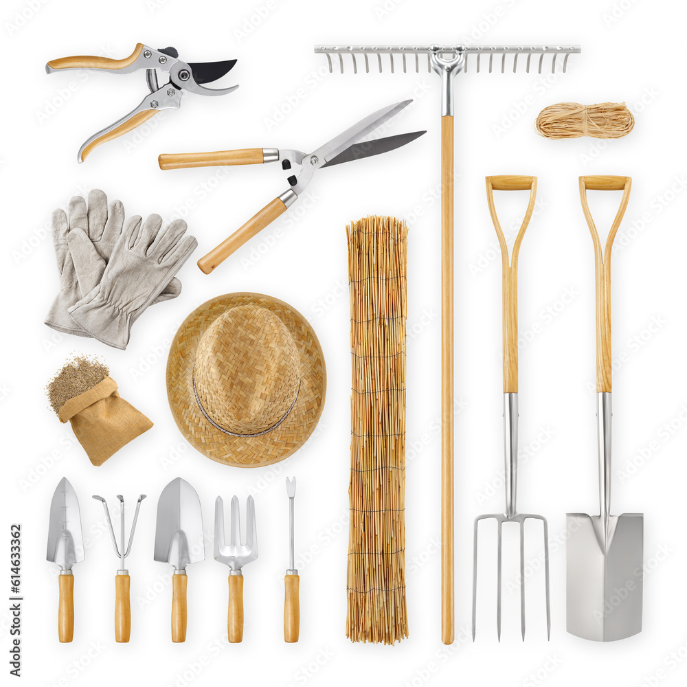 Gardening equipment. Garden vintage set tools with wooden handle grip ...