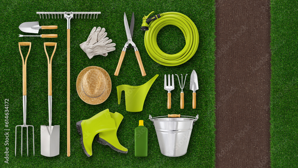 Gardening tool equipment. Top view isolated on lawn green grass ...