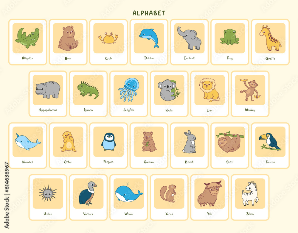 English alphabet with cute animals for kids education in vertical card ...
