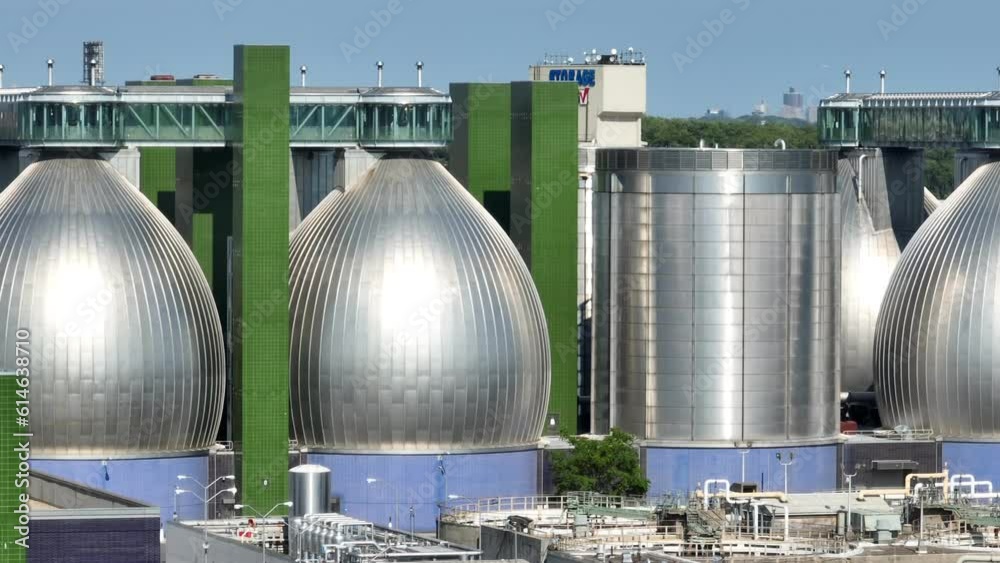 Digester Eggs at Newtown Creek Wastewater Treatment Plant. Long aerial ...