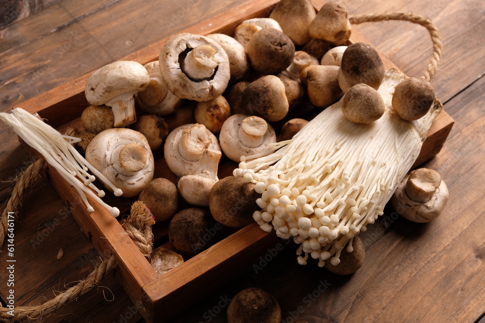 assorted of mushroom, enokitake, Agaricus bisporus mushroom, straw ...