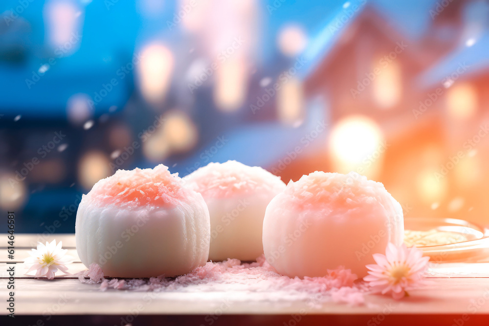 Japanese dessert Mochi. Sweet, fresh, juicy. Cinematic magical light ...