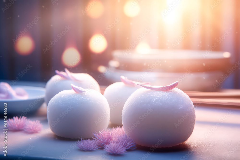 Japanese dessert Mochi. Sweet, fresh, juicy. Cinematic magical light ...