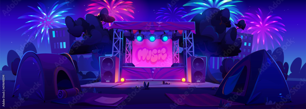 Night outdoor music festival concert stage in park vector illustration ...