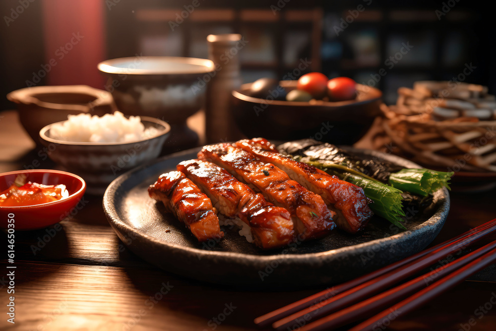 Japanese food, Unagi,tasty, fresh, juicy. Cinematic magical light ...