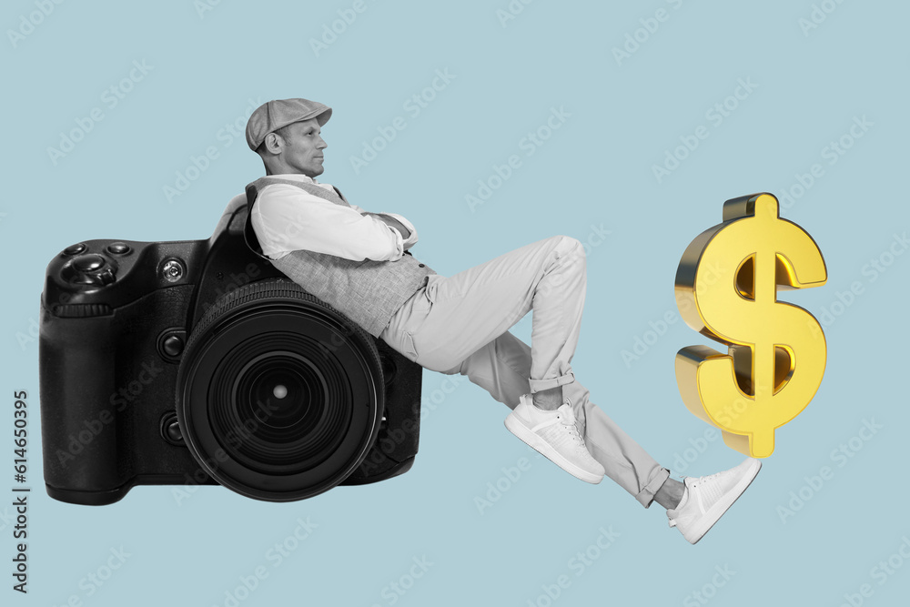 Professional male photographer balancing between money and creativity ...