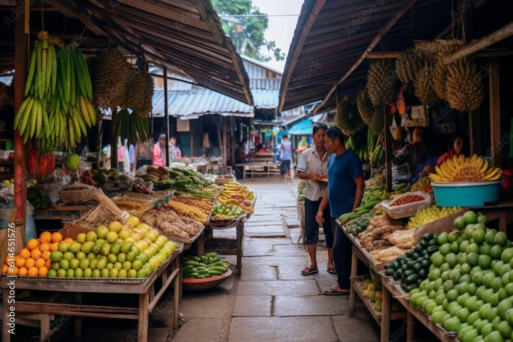 Travelers exploring a vibrant local market, sampling exotic fruits and ...
