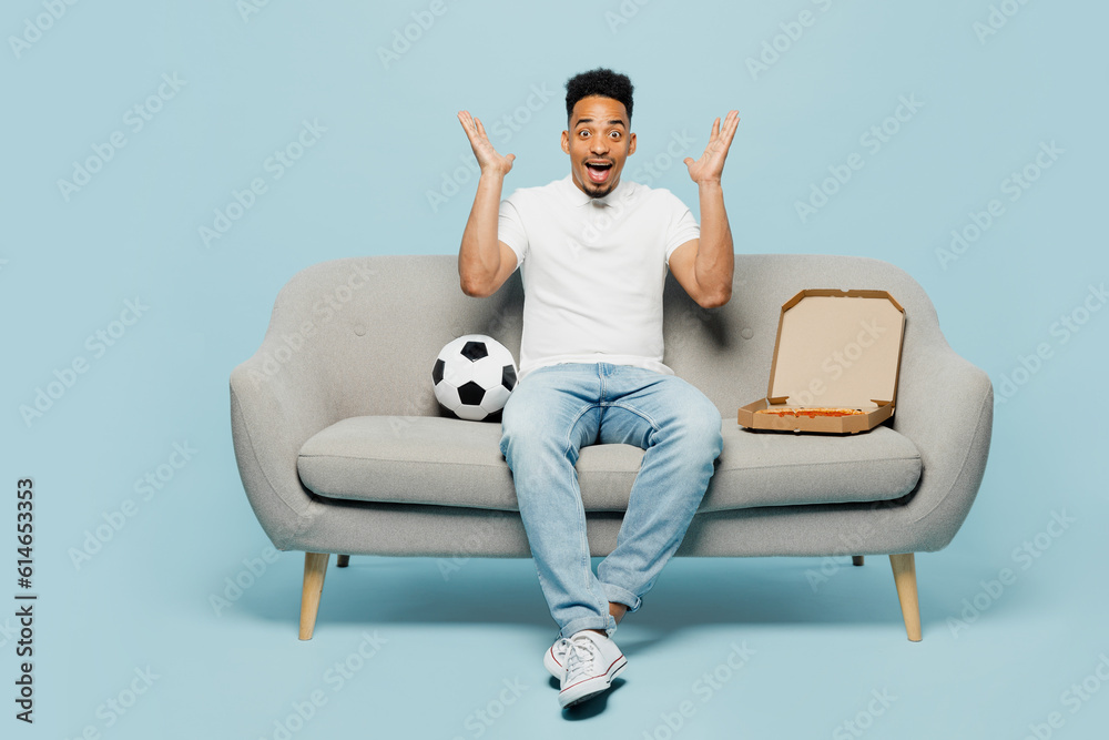 Full body fun young man fan wear t-shirt cheer up support football ...