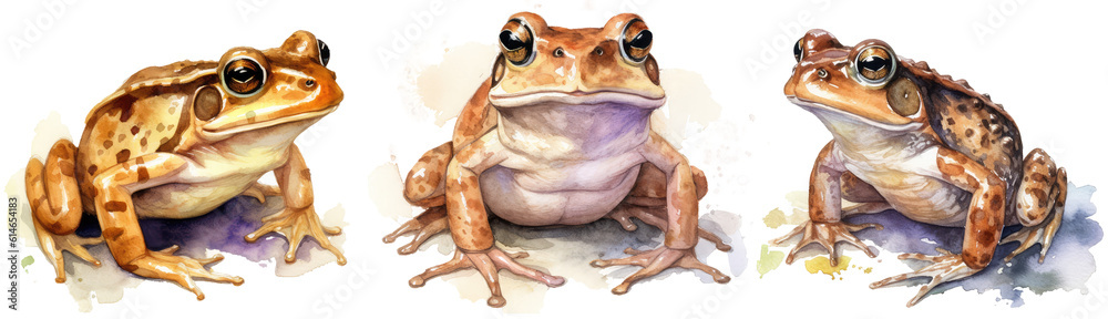 Collection of three watercolour paintings of a brown frog isolated on ...