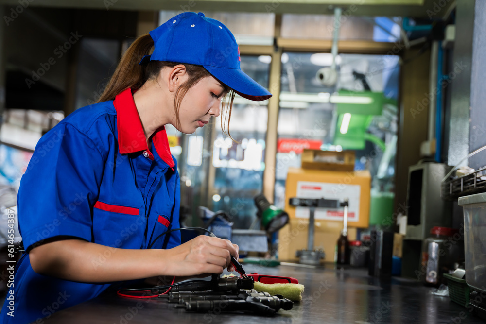 A female diesel engine mechanic in a blue uniform is working at the ...