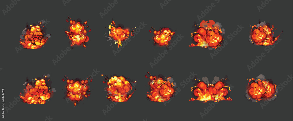 Cartoon dynamite or bomb explosion, fire set. Boom clouds and smoke ...