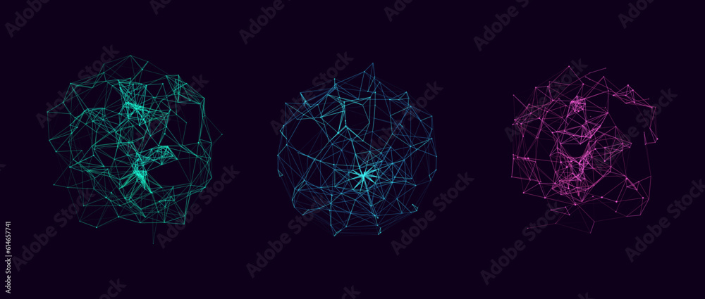 Set Of Abstract Colorful Spheres From Points And Lines On Dark Background Network Connection