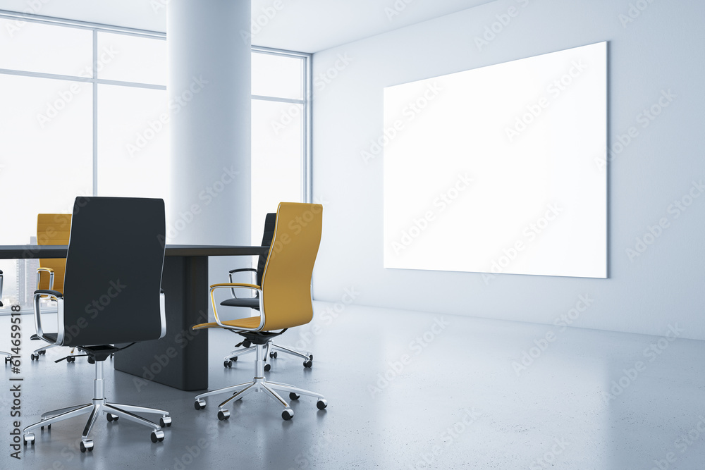 Modern concrete meeting room interior with blank mock up banner on wall ...