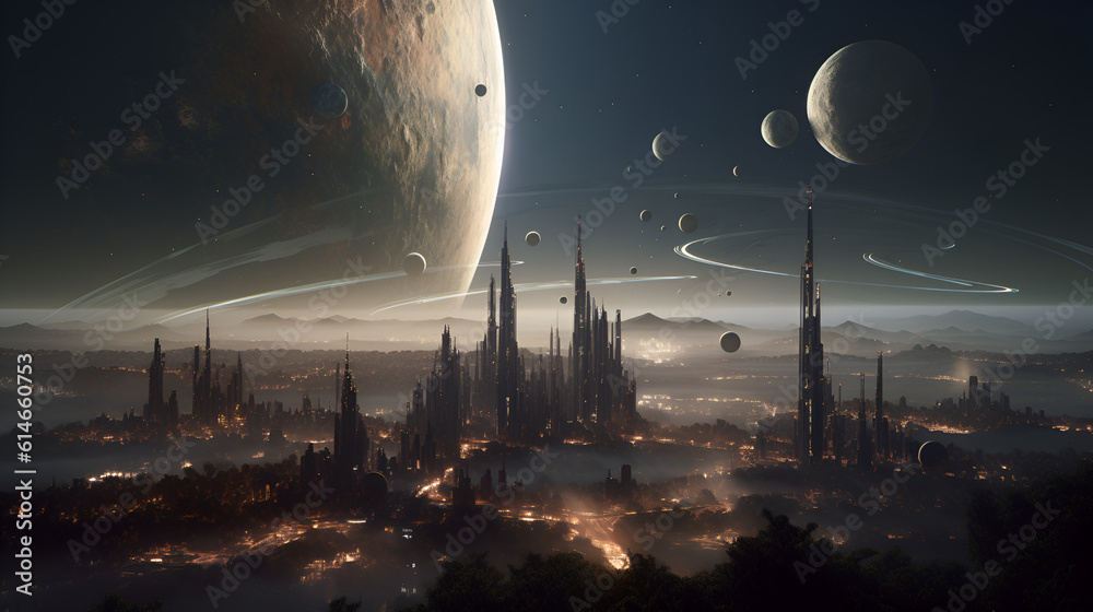 Futuristic Metropolis at night on a alien planet, night sky filled with ...