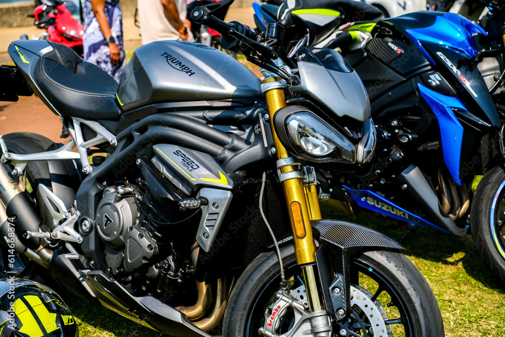 Triumph Speed Triple motorcycle parked up on Hunstanton seafront on the ...