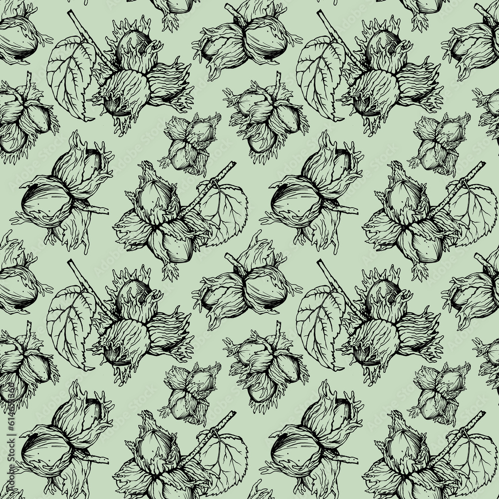 Seamless pattern with spiny husks and leaves (Corylus avellana, common ...