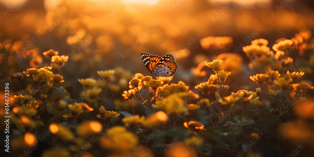 Beautiful flower field in sun rays, buterfly on nature, Spring-Summer ...