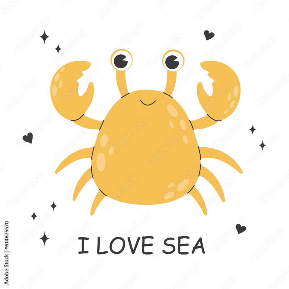 Cute crab character with a kawaii smile on a white background with ...