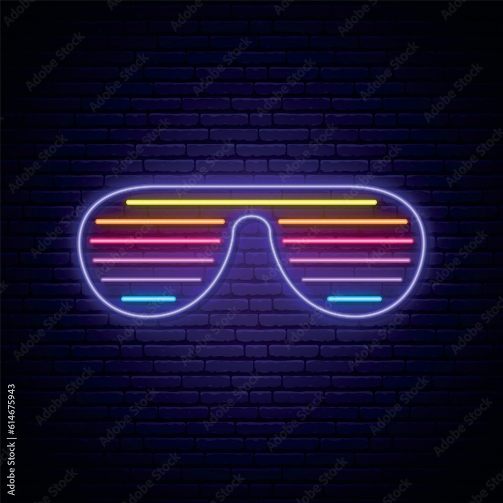 Neon shutter glasses sign in retro 80s style. Glowing sunglasses emblem ...