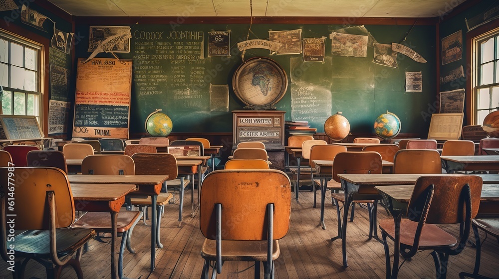 Enchanting classroom scene: vintage wooden chairs, attentive students ...