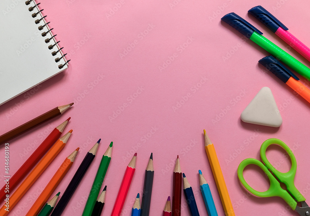 Bright school suplies on a pink background. Back to school concept. Top ...