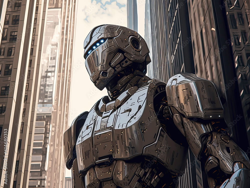 Sci-Fi Robot Security Guard Patrolling a Futuristic Building Stock Illustration | Adobe Stock