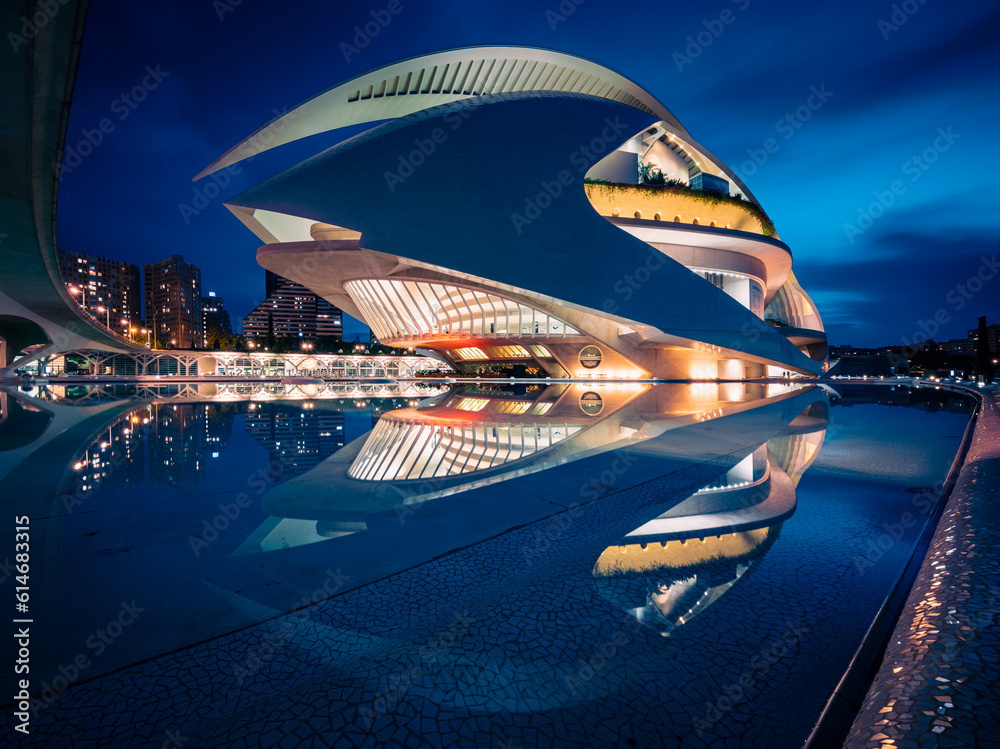 Valencia, Spain: night view of the Palau de les Arts Reina Sofia, the ...