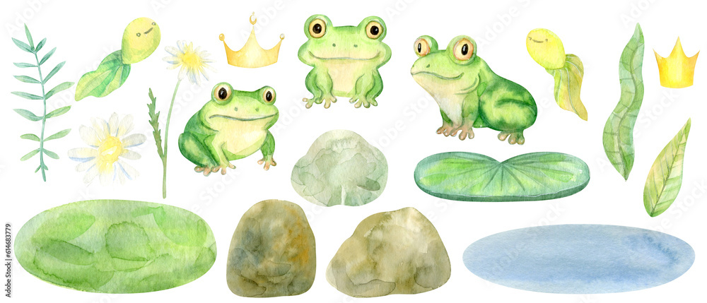 Hand Drawn Watercolor Cute Cartoon Frogs Set Stock Illustration | Adobe ...