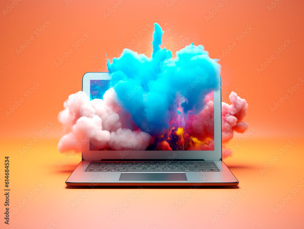 Explosion starts from computer device screen. Launch of new business ...