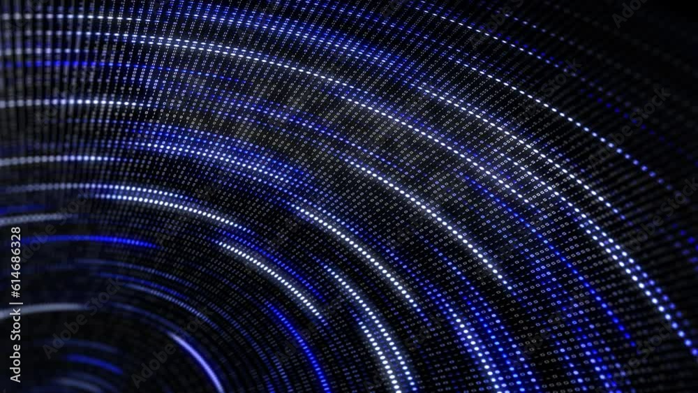 Digital vortex of pixels. Blue abstract background with dots and binary code. Glowing lines ...
